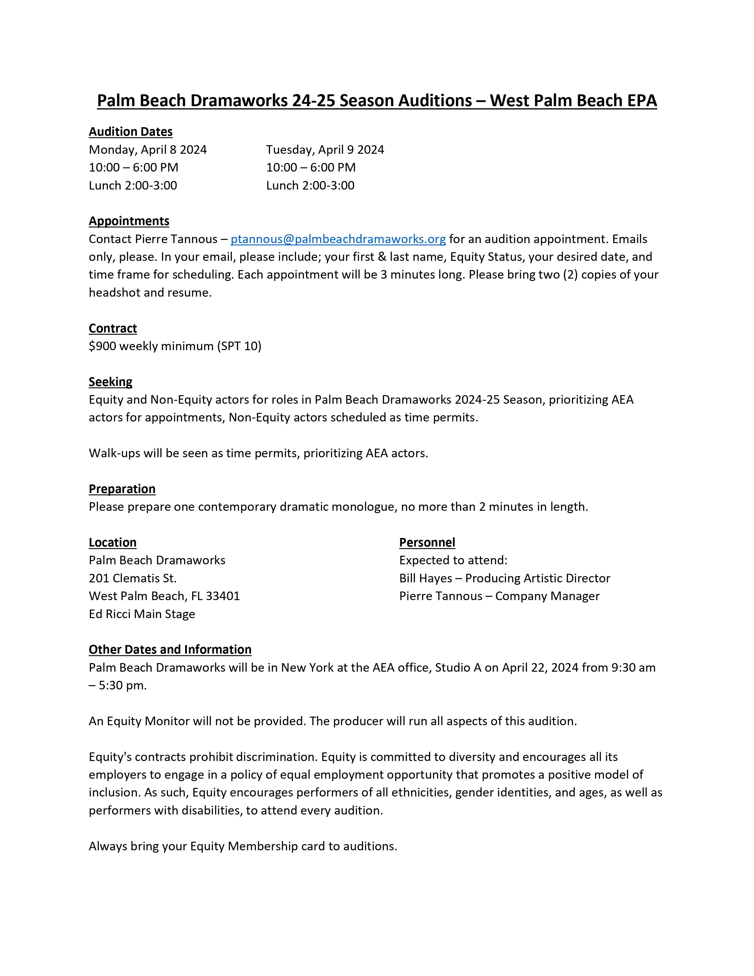 Palm Beach Dramaworks - Auditions